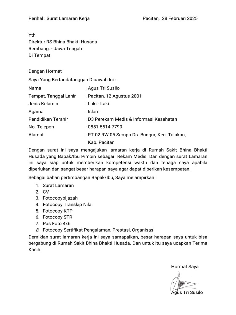 Lamaran Kerja Rekam Medis Agus Tri Susilo | PDF