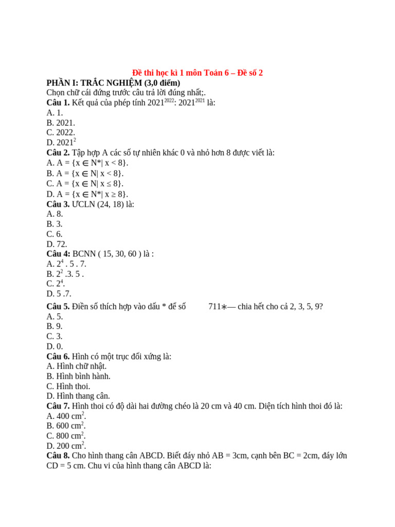 De Thi Hk1 Toan 6 2 | PDF