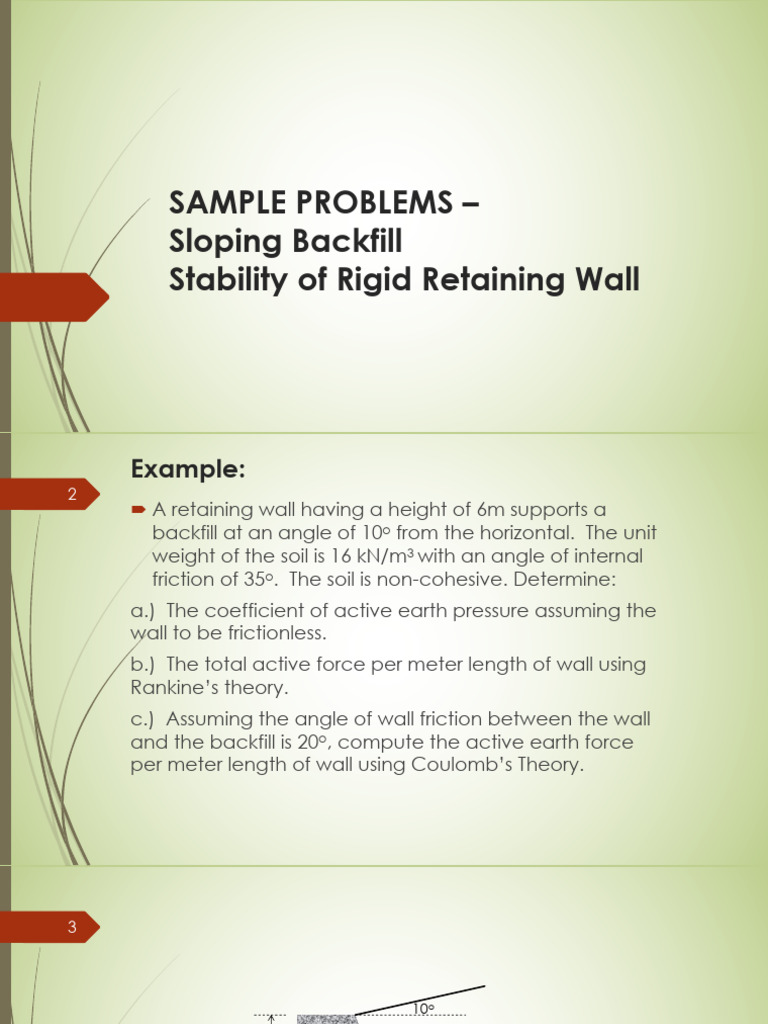 Solved Exercises 11 SAMPLE PROBLEMS - Sloping Backfill, Stability | PDF ...