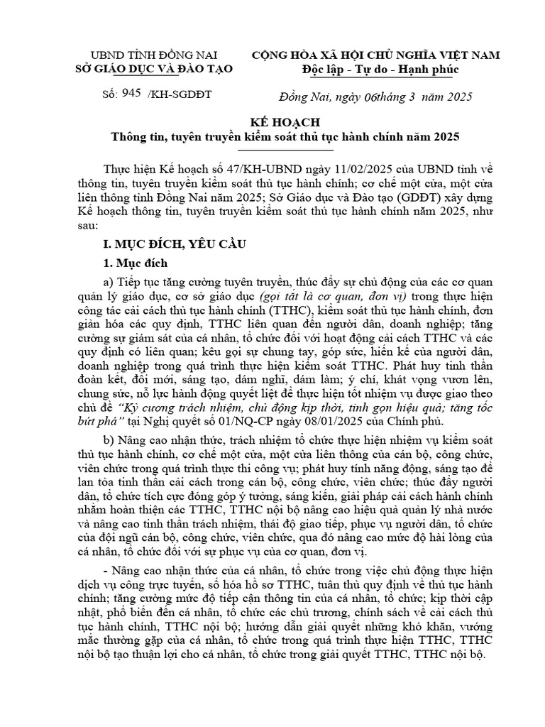 945 - KH Thong Tin Tuyen Truyen Kiem Soat TTHC Nam 2025 | PDF