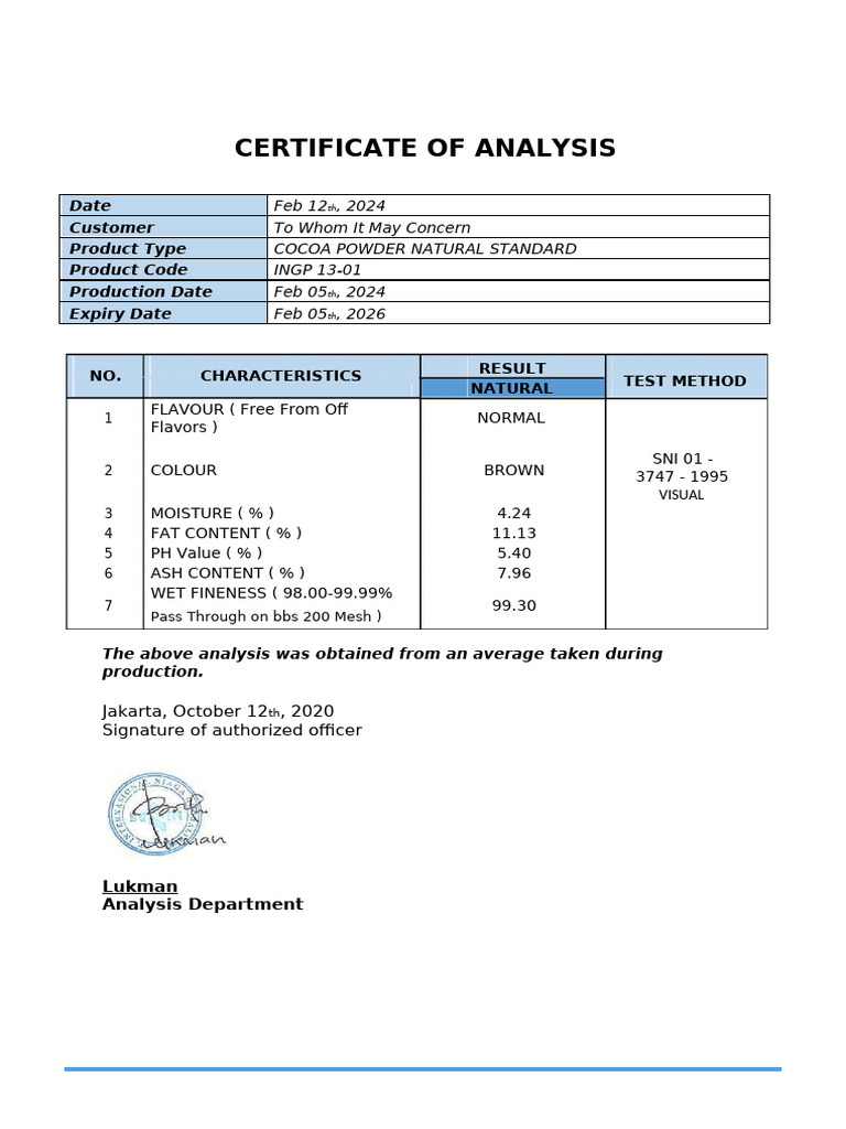 COA Cocoa Powder | PDF