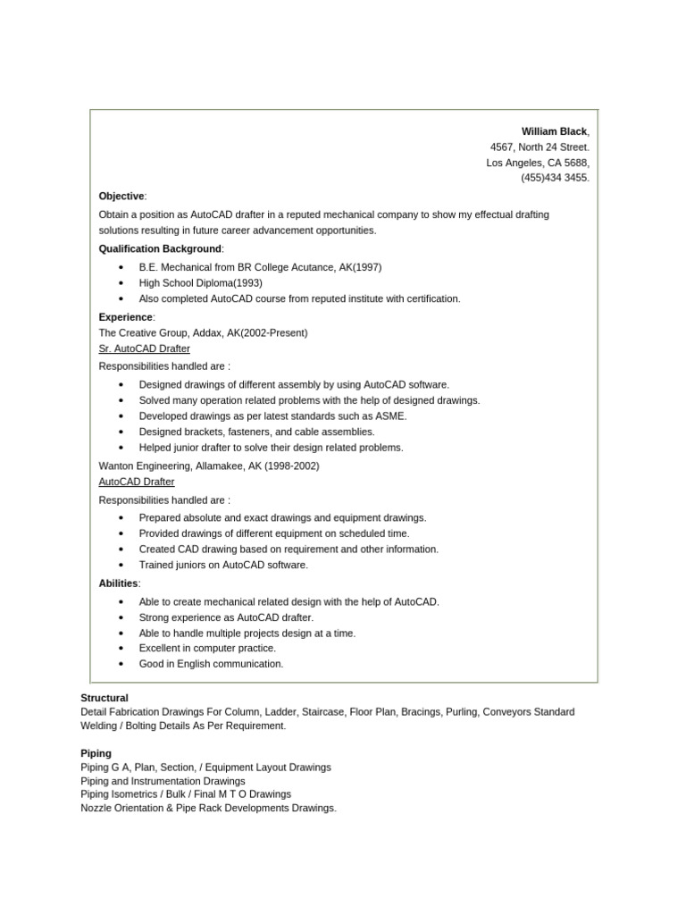 AutoCAD Drafter Resume Example | PDF | Engineering