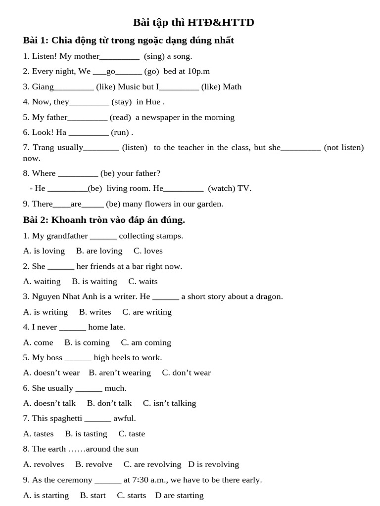 Bài-tập-thì-HTĐ HTTD | PDF