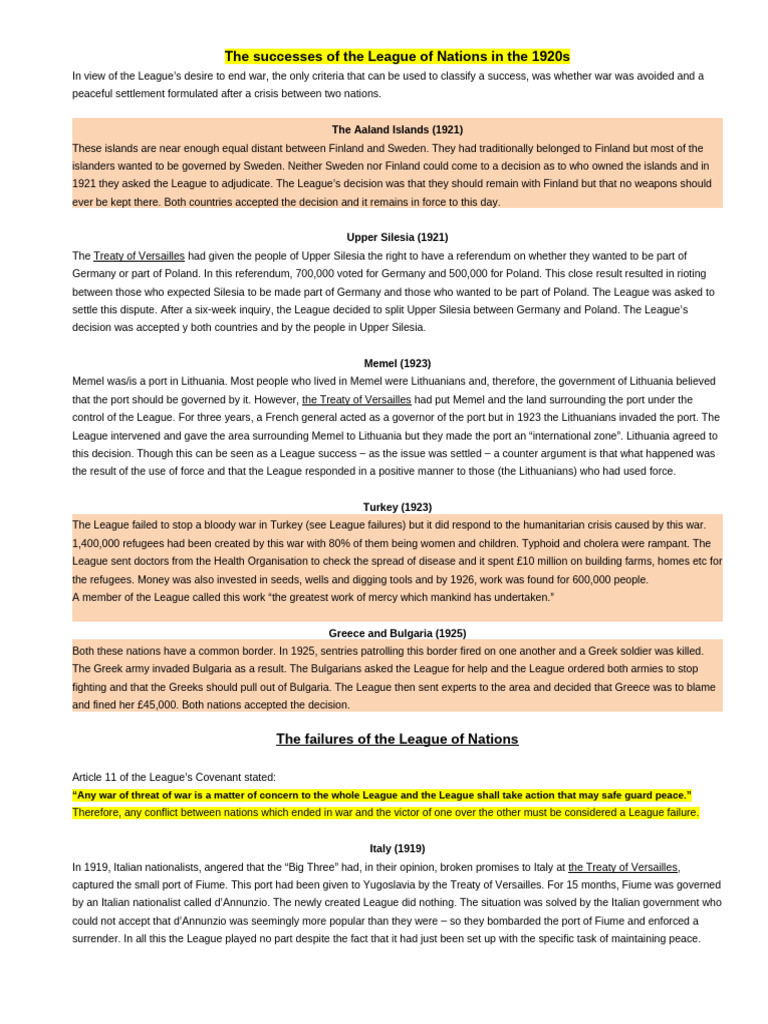 Successes & Failures LON in 20s Summary | PDF | Treaty Of Versailles ...