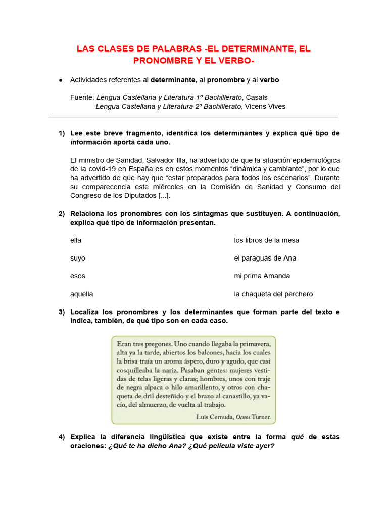 Las Clases de Palabras - El Determinante, El Pronombre y El Verbo | PDF ...