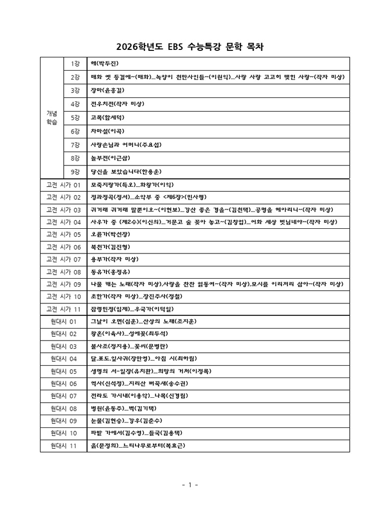 2026 EBS 수특 문학 전체 작품 목록 | PDF