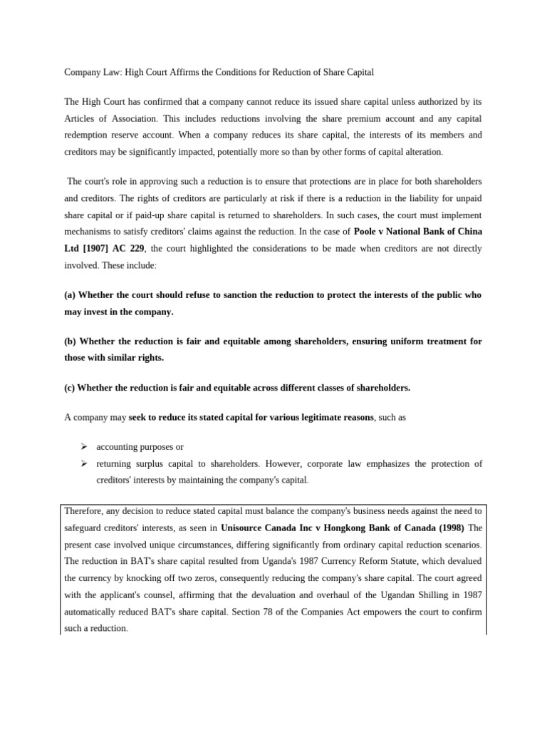 reduction of share capital | PDF | Business | Private Law