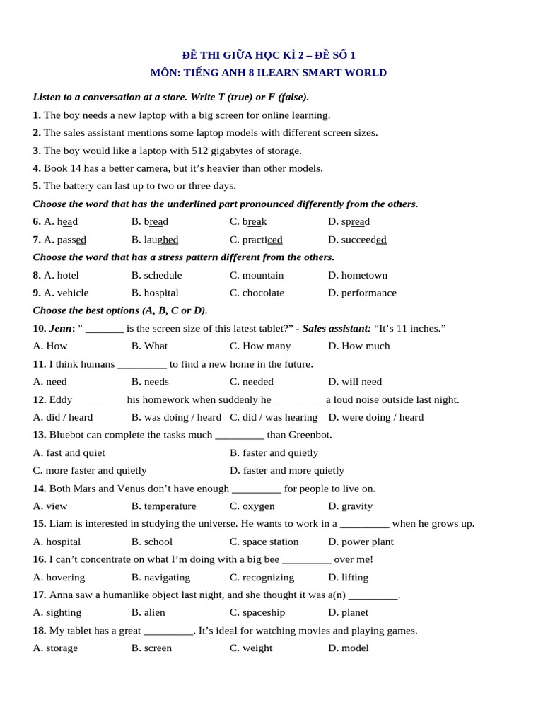 ĐỀ 1 GK2 ANH 8 | PDF | Laptop | Unidentified Flying Object