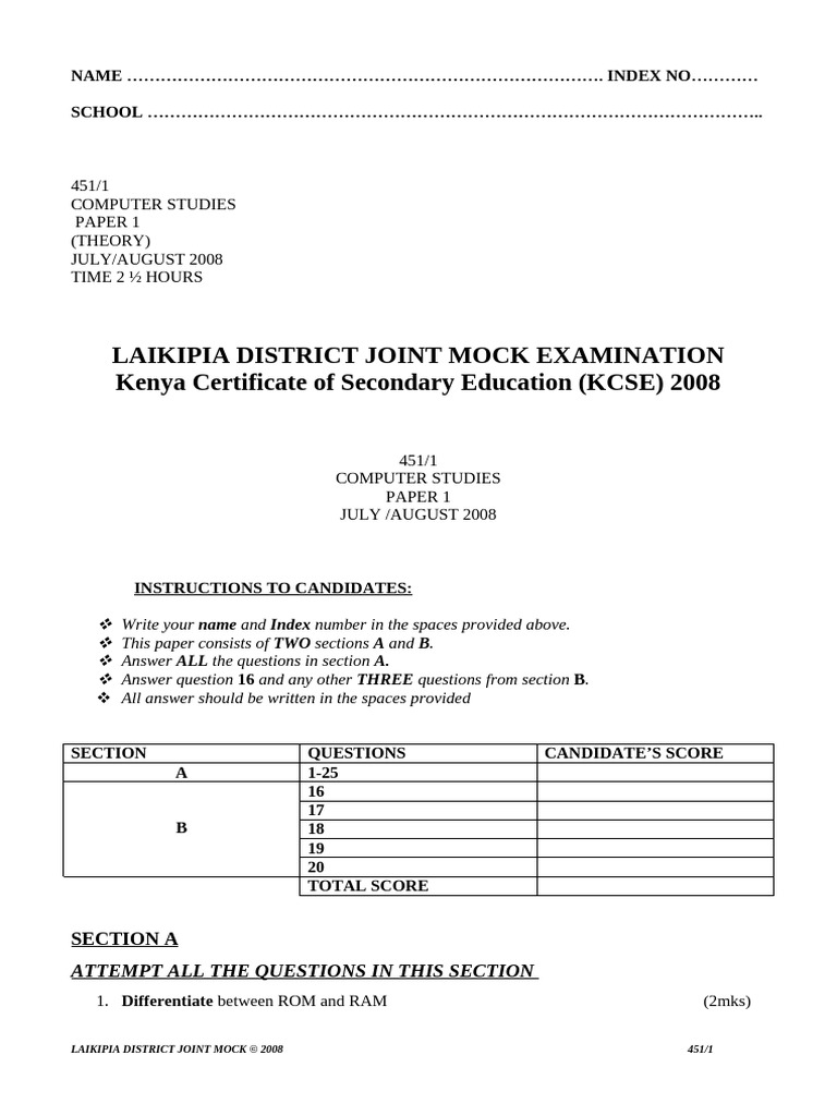2008 Laikipia District Paper 1 | PDF | Computing | Computer Architecture
