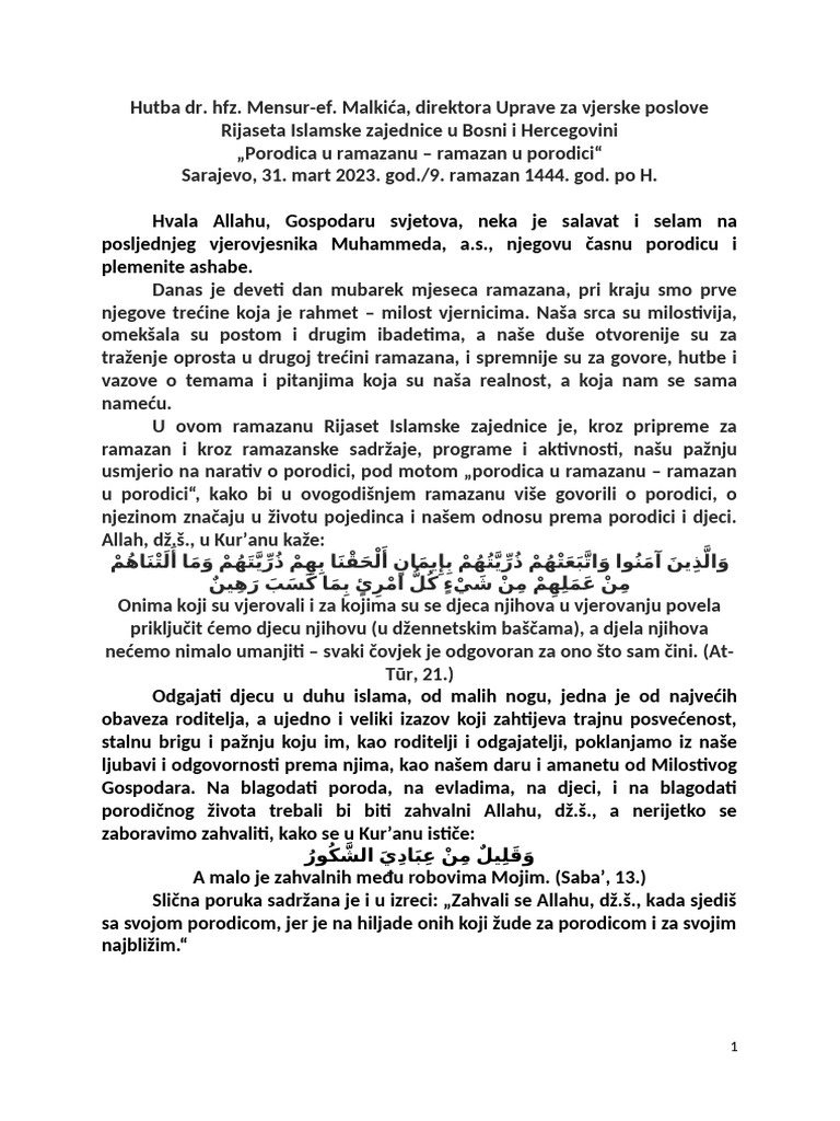 Hutba, Porodica U Ramazanu, Ramazan U Porodici-31.03.2023. | PDF