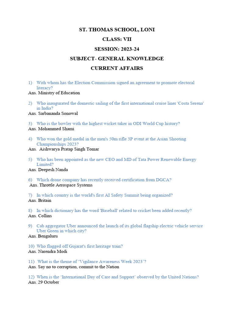 Current Affairs for Class VII - 2023-24 | PDF