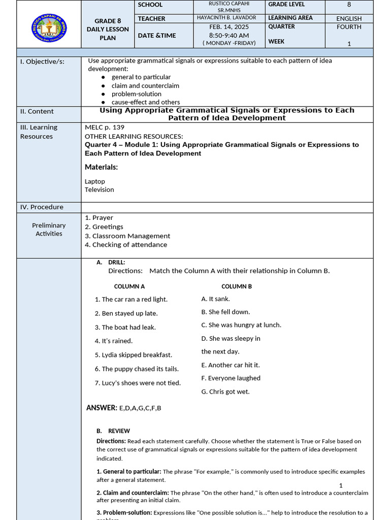 E8 Q4 Lesson 1 (Day 2 - Feb. 14,2025) | PDF | Learning