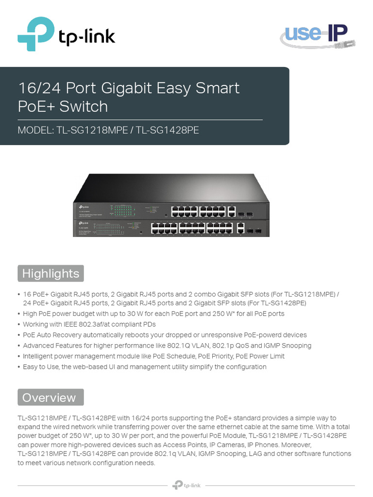 tplink_tlsg1428pe_28port_gigabit_easy_smart_poe_switch_with_24port_poe | PDF | Network Switch ...