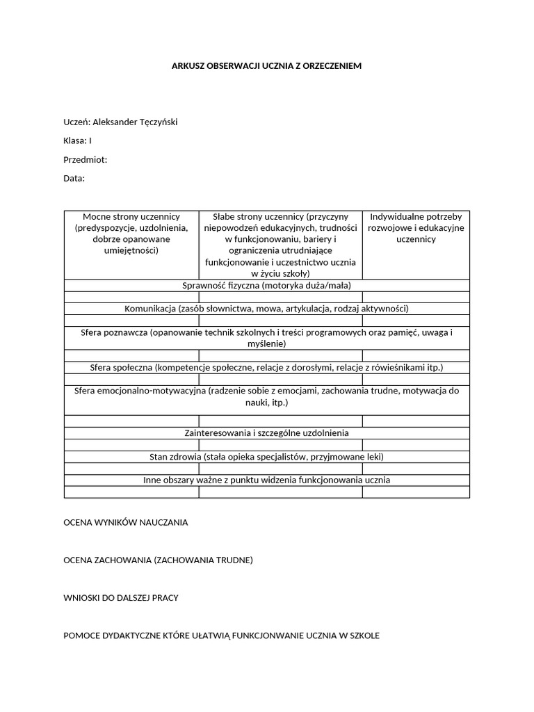 Arkusz Obserwacji | PDF