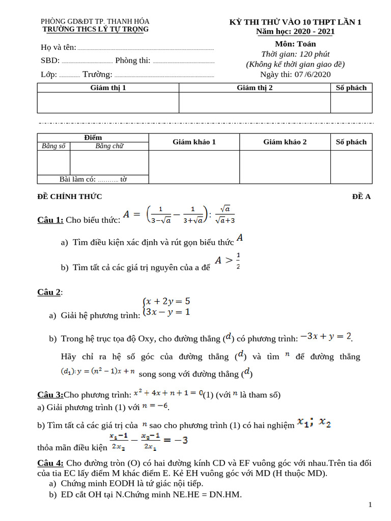 Đề thi thử vào 10 môn Toán lần 1 LTT 2020-2021 | PDF