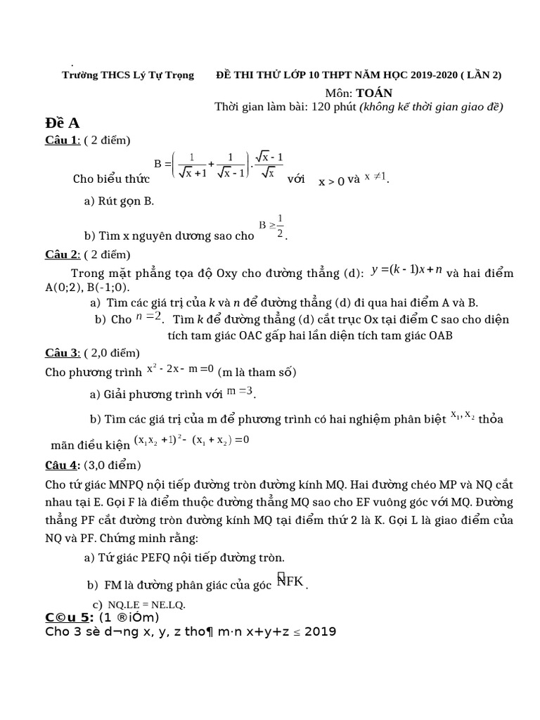 Đề thi thử vào 10 môn Toán lần 2 LTT 2019 - 2020 HDC | PDF