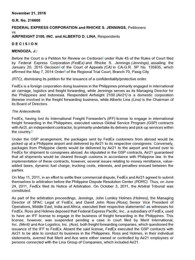FedEx vs. Air21: Confidentiality Dispute | PDF | Alternative Dispute ...