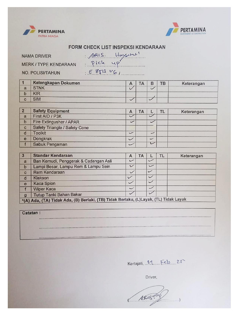 Inspeksi Kendaraan - Pick Up 24022025 | PDF