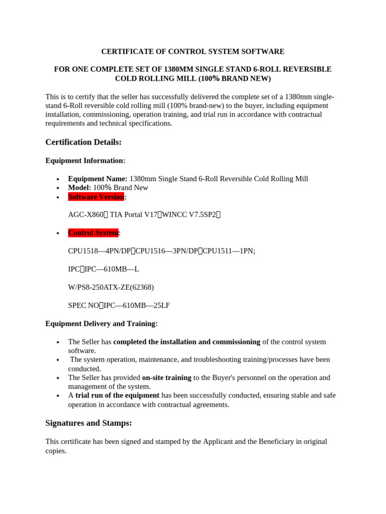 Certificate for 1380mm Cold Rolling Mill | PDF