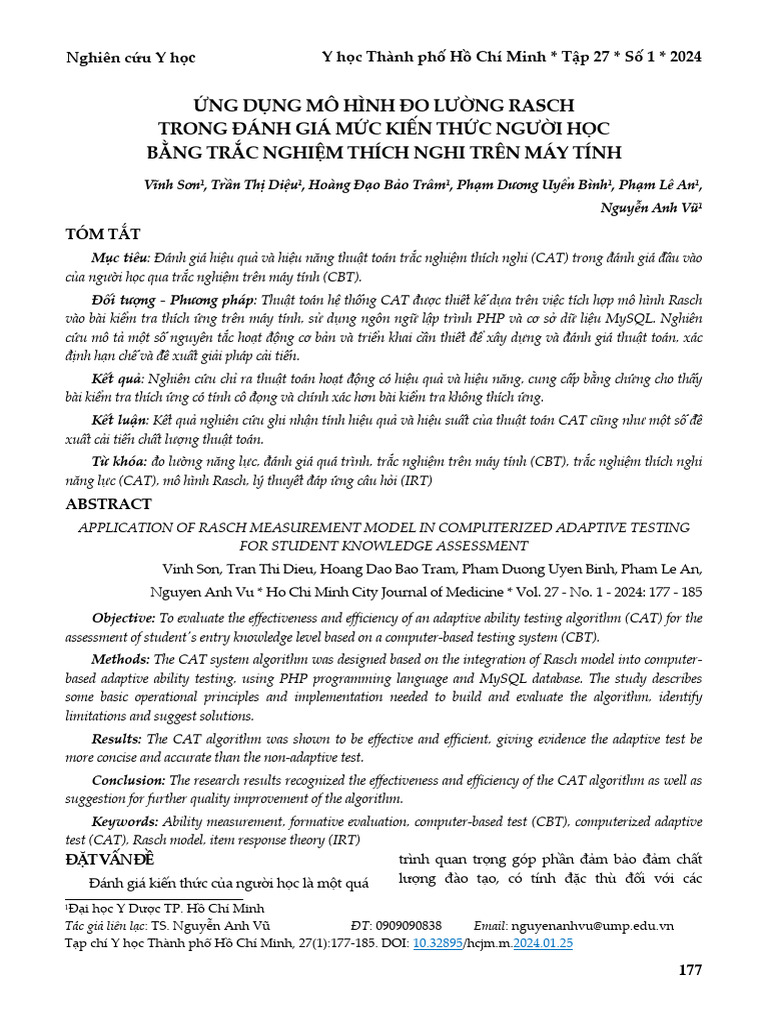 NGD NG Mô Hình NG Rasch Giá M CKI NTH C IH C B NG TR C Nghi M Thích Nghi Trên M YT NH | PDF