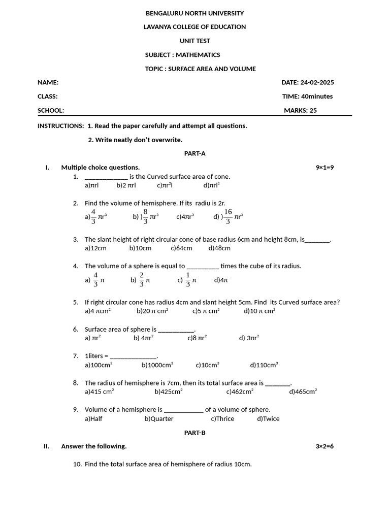 Maths Test Paper | PDF | Sphere | Elementary Geometry