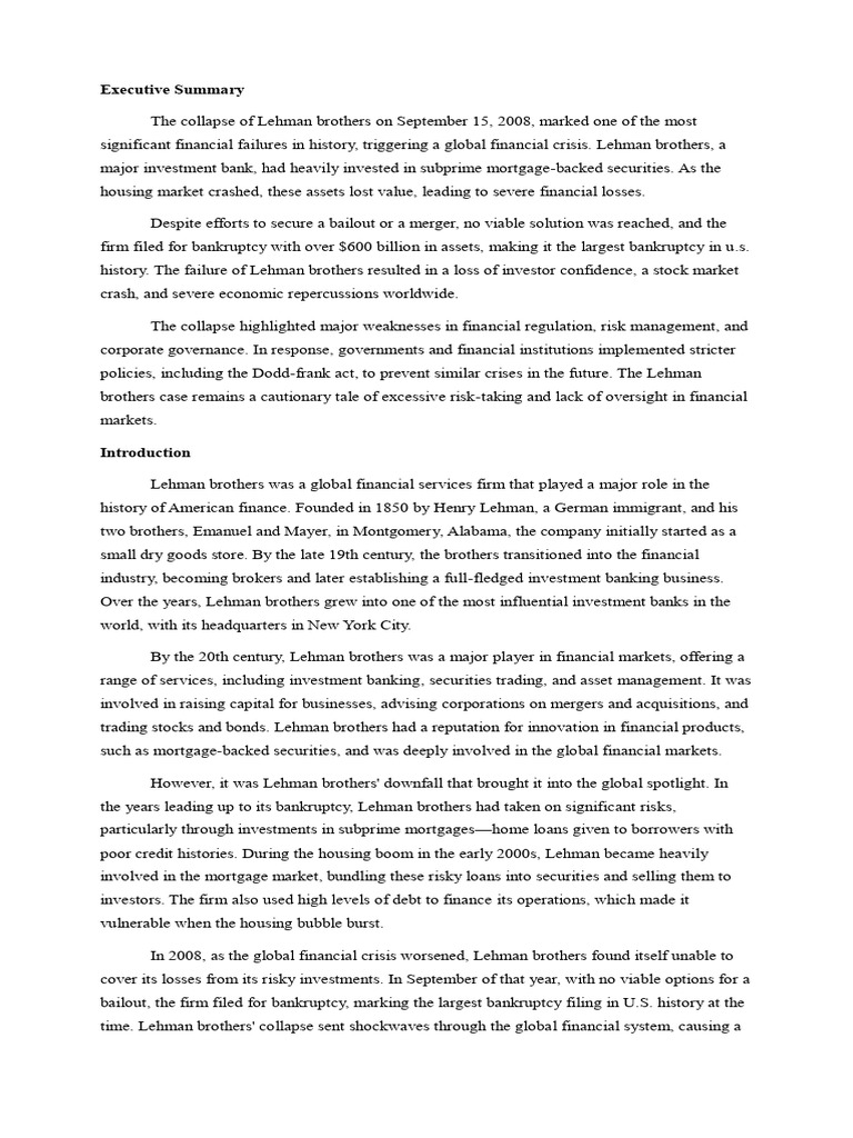 Lehman Brothers Case Study | PDF | Lehman Brothers | Investment Banking