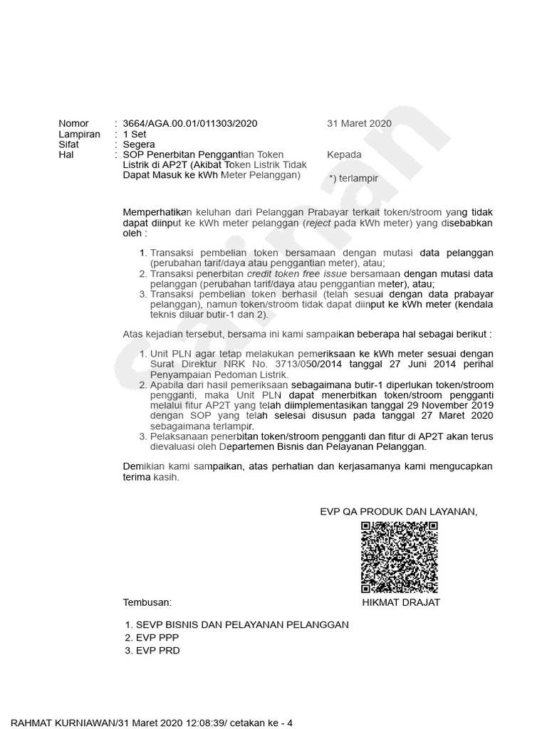 SOP Penerbitan Penggantian Token Listrik Di AP2T | PDF
