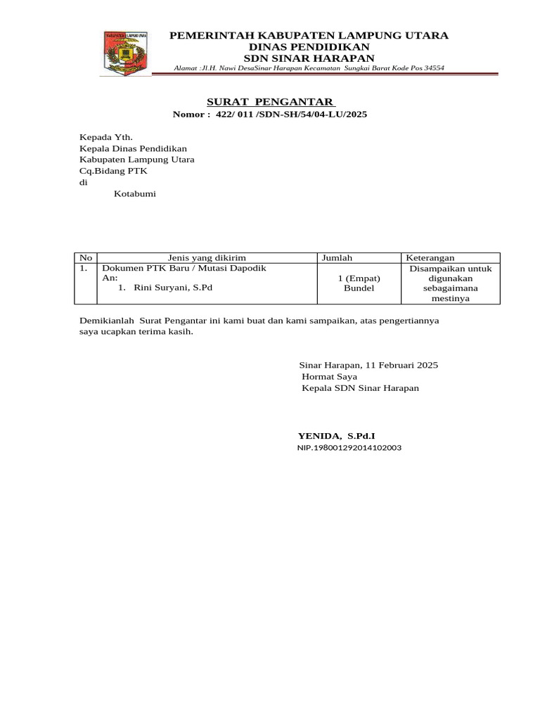 Surat Pengantar Tambah PTK Baru Dapodik | PDF