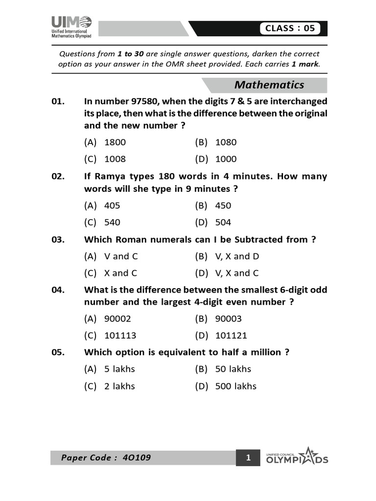 Class 5 Mathematics Question Paper | PDF | Area | Numbers