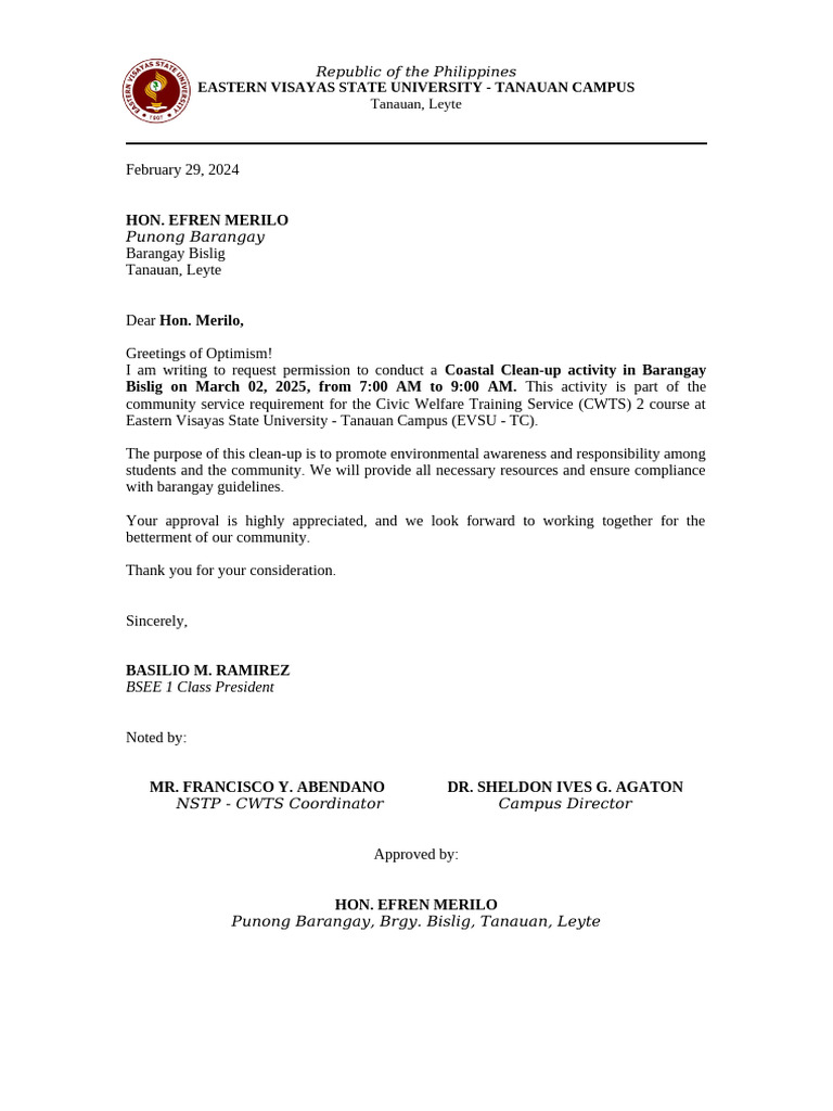 Letter To Punong Barangay | PDF