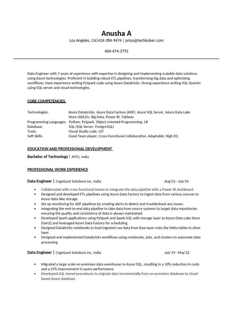 Anusha resume | PDF | Apache Spark | Microsoft Sql Server