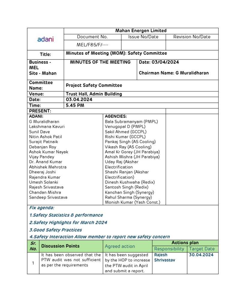 Safety Committee Meeting Minutes | PDF