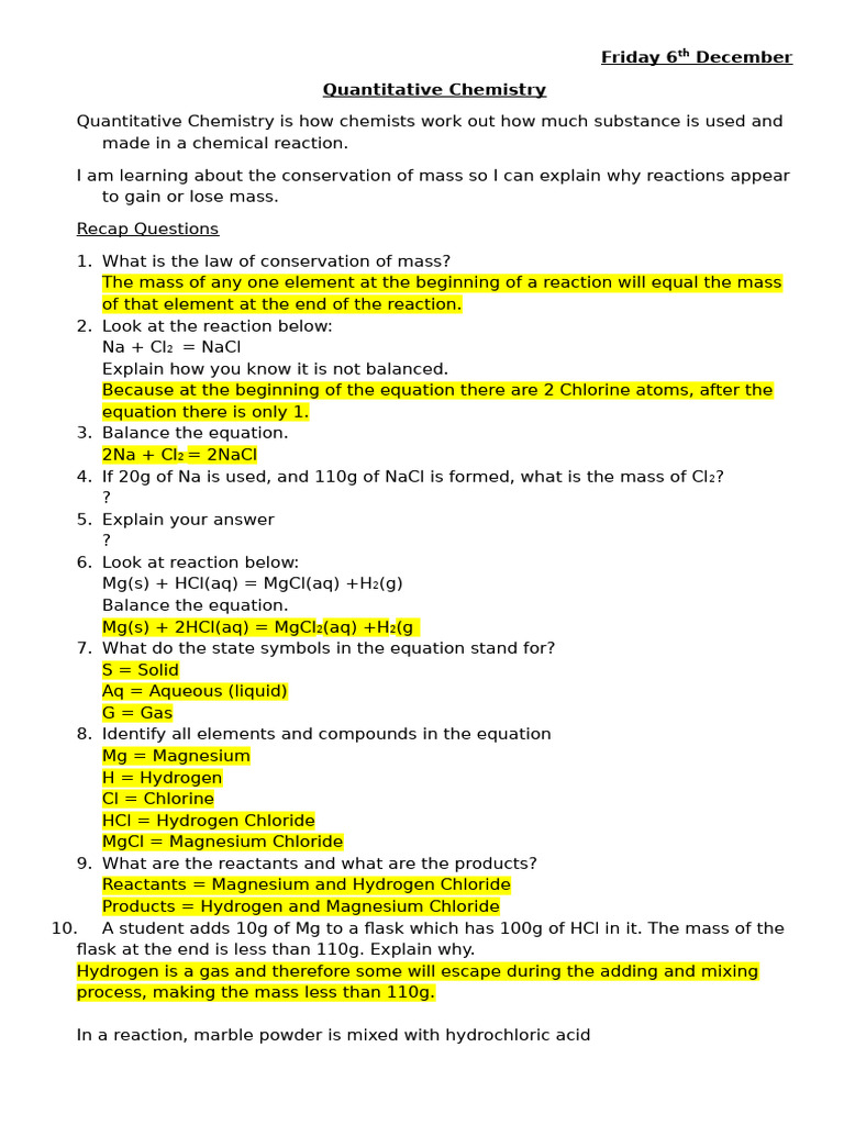 Year 10 Quantitative Chemistry Booklet Answers | PDF