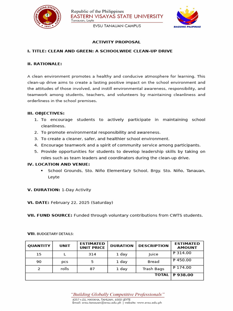 EVSU Activity-Proposal CLEAN-UP DRIVE-Final | PDF