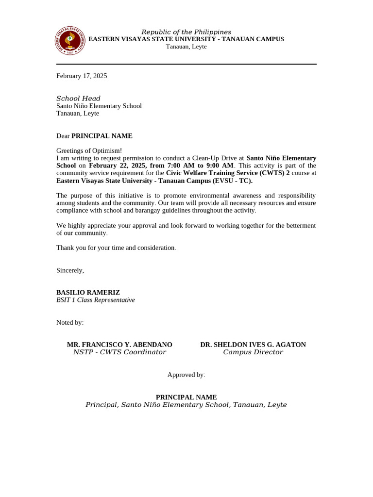 Clean-Up Drive Request at Santo Niño School | PDF