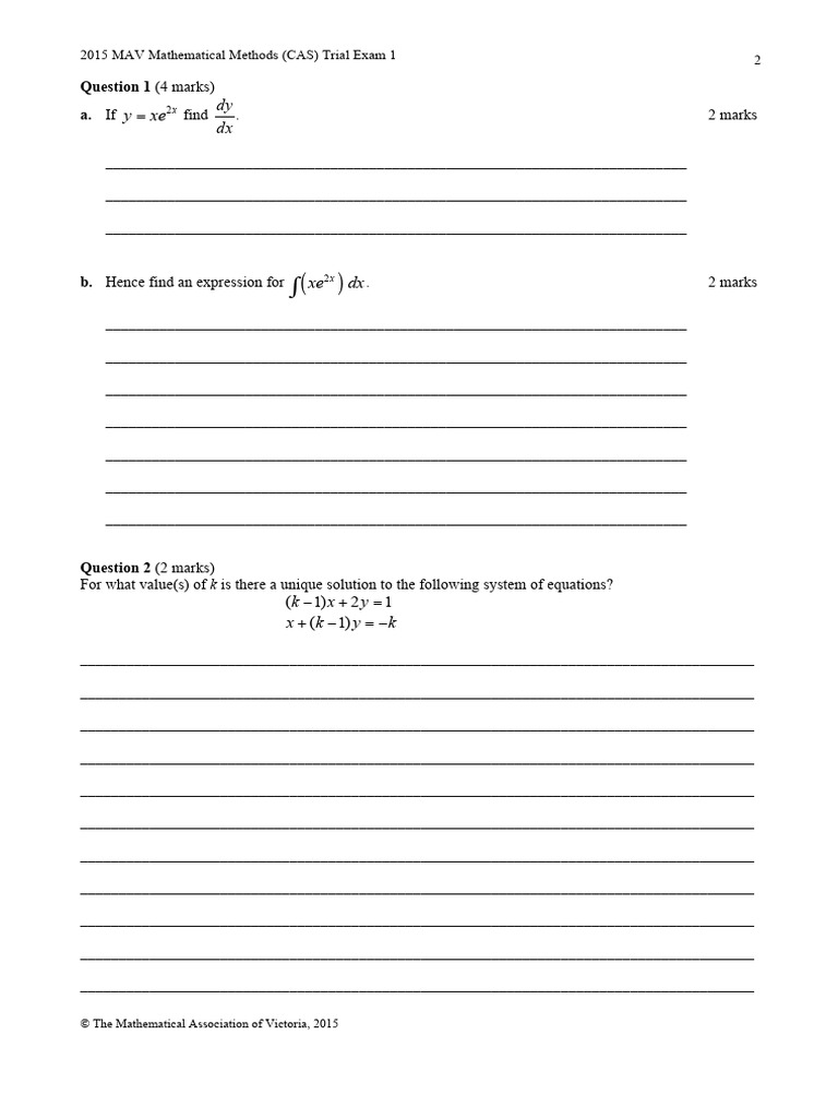 (VCE Methods) 2015 MAV Unit 34 Exam 1 | PDF | Mathematical Concepts ...