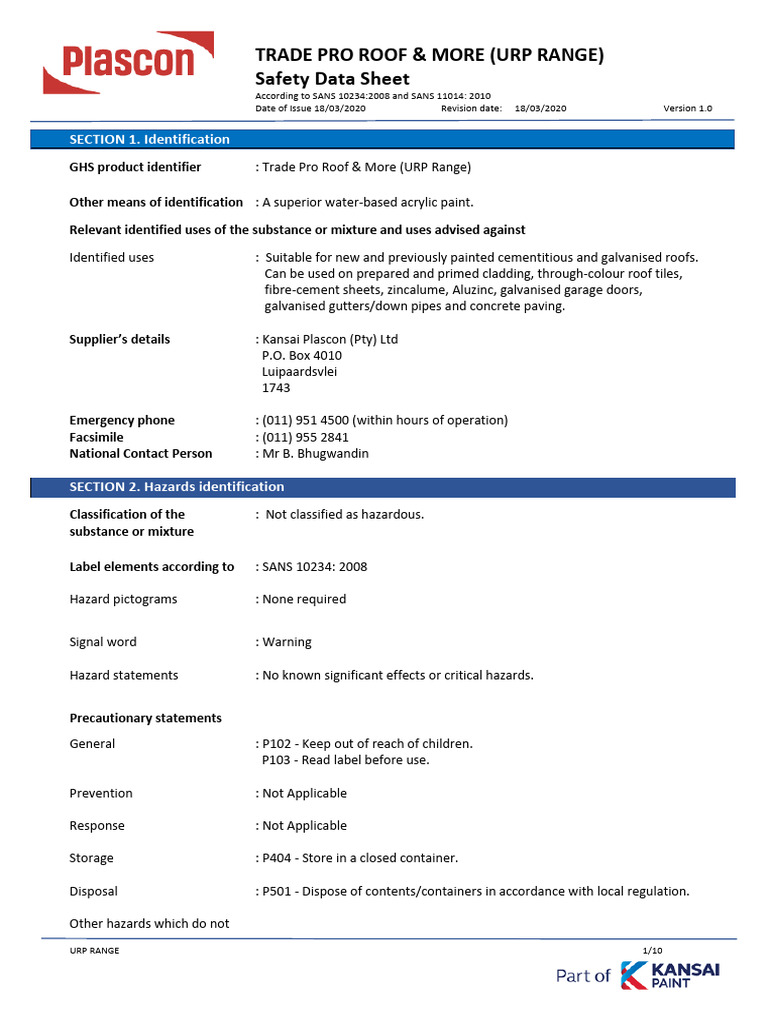 Plascon Trade Pro Roof More Sds | PDF | Dangerous Goods | Safety