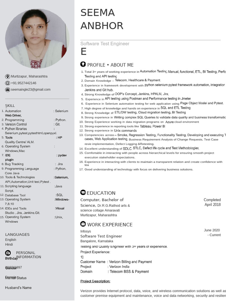 CV for Seema Anbhore | PDF | Selenium (Software) | Computing