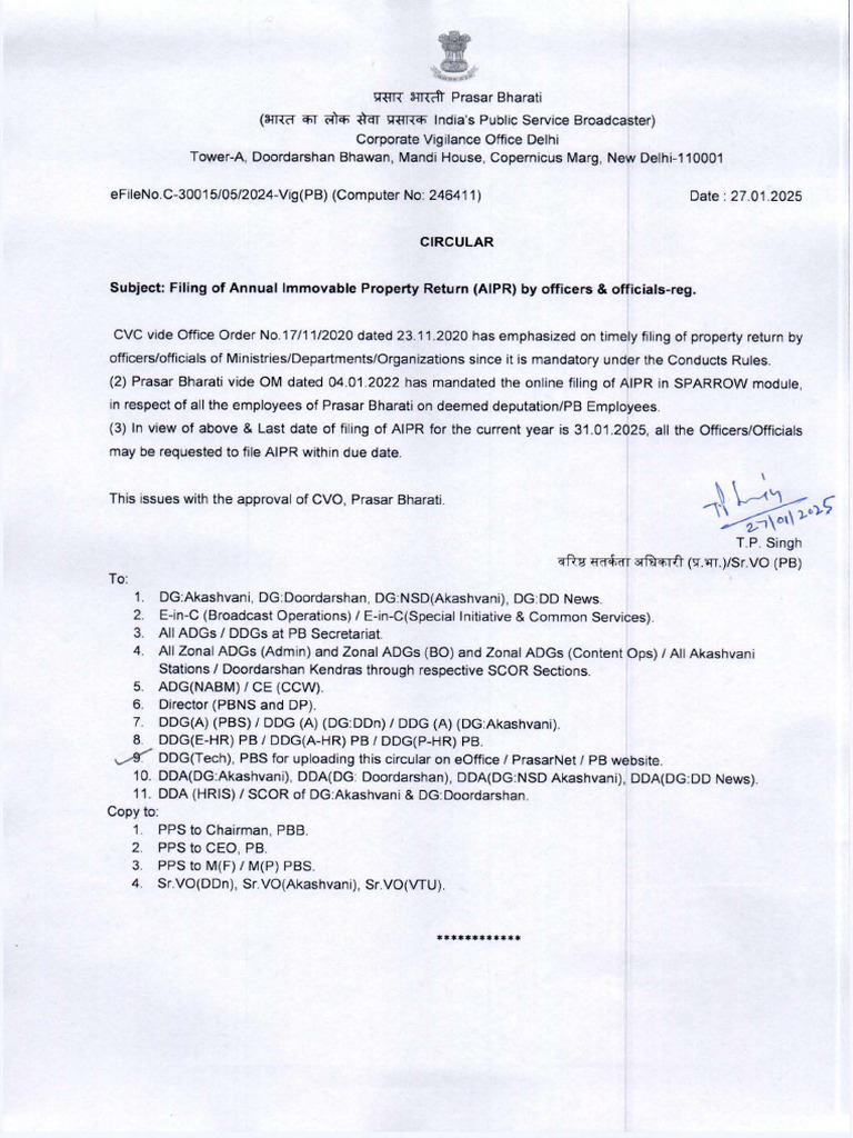 Vig Office Circular (27-01-2025) Reg Filing of AIPR | PDF