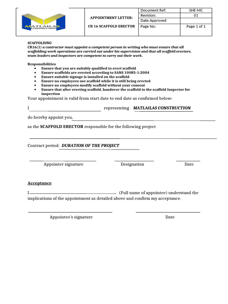 Scaffold Erector Appointment Letter | PDF