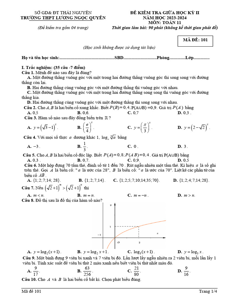 De Giua Ky 2 Toan 11 Nam 2023 2024 Truong THPT Luong Ngoc Quyen Thai Nguyen | PDF