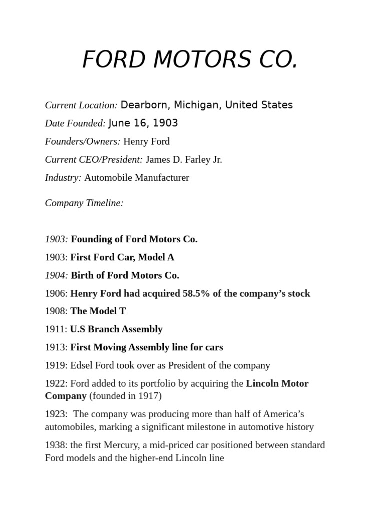 Ford Motors Co. History Overview | PDF