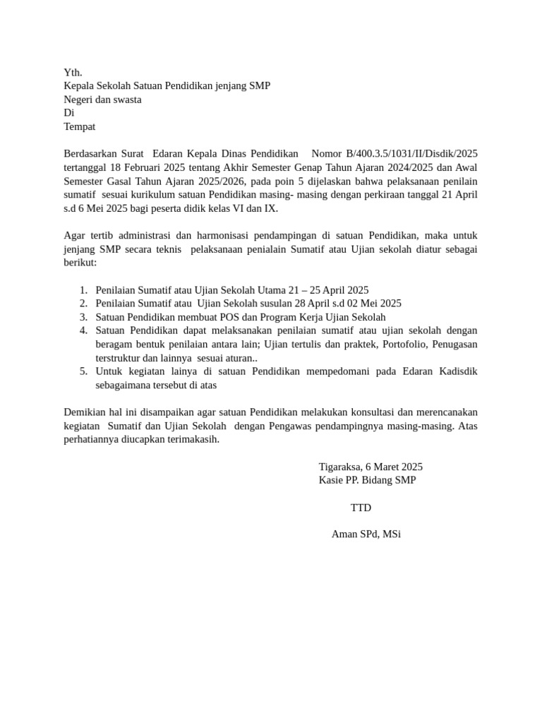 Draft Teknis Ujian SMP 2025 | PDF