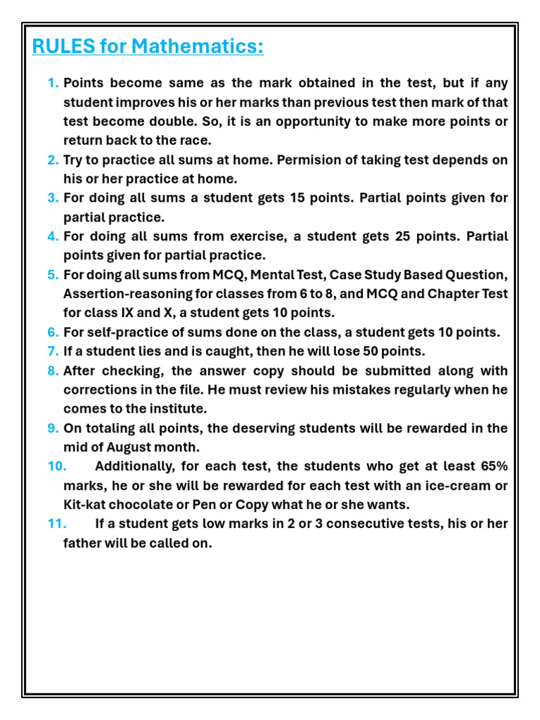 Mathematics Test Rules and Rewards | PDF