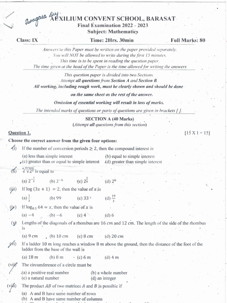Class 9 Mathematics Final 2022 - 2023 | PDF