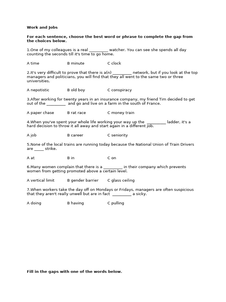 Workand Jobs Vocabulary Exercise | PDF | Labor | Business