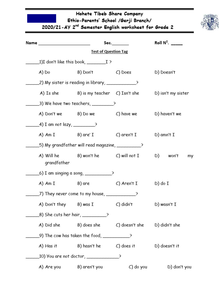 Grade 2 English Test Worksheet Term 2 | PDF