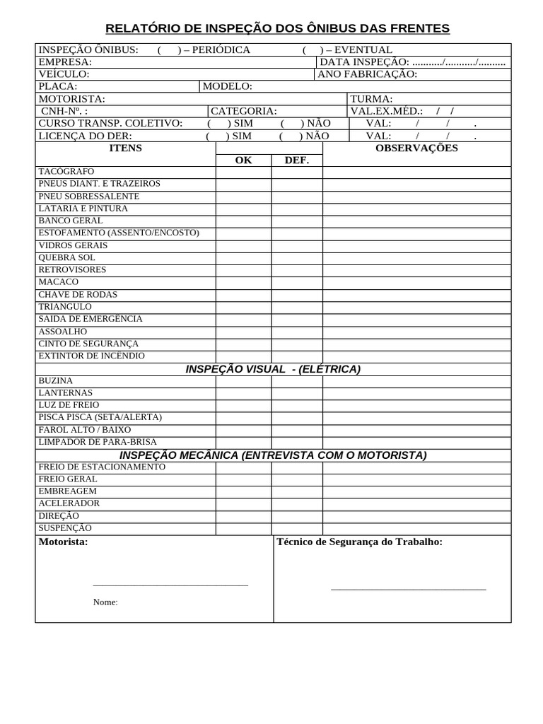 Check List Inspeção Onibus Das Frentes | PDF