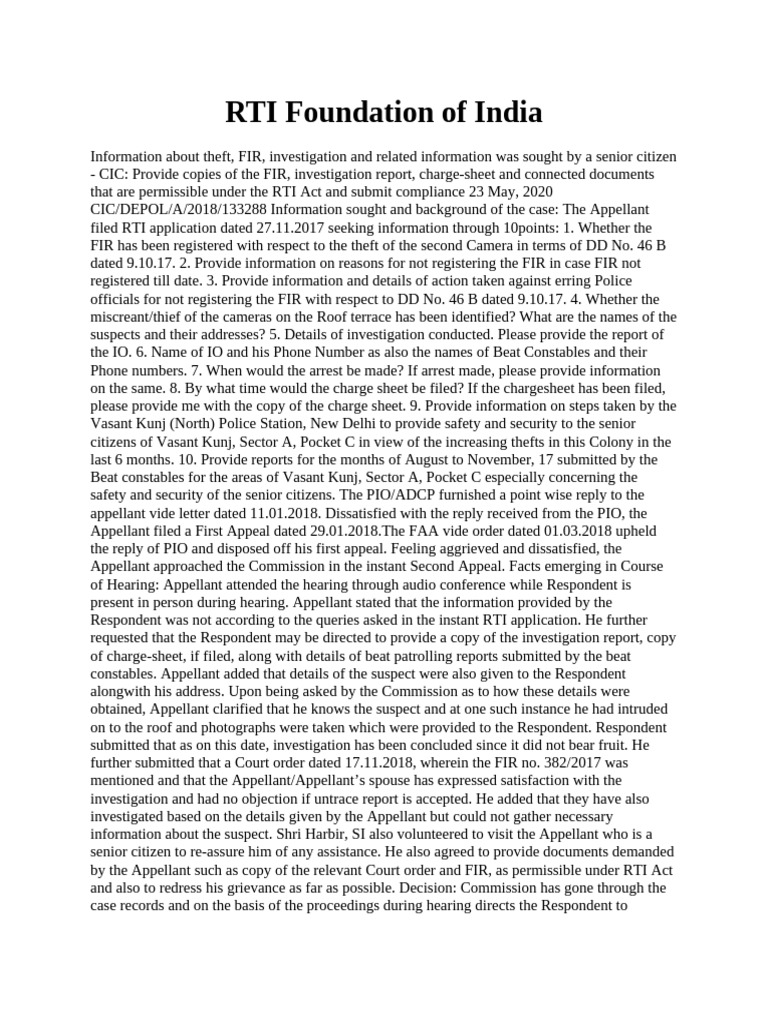CIC Decision On Copy of The Charge Sheet, FIR | PDF | Arrest | Appeal