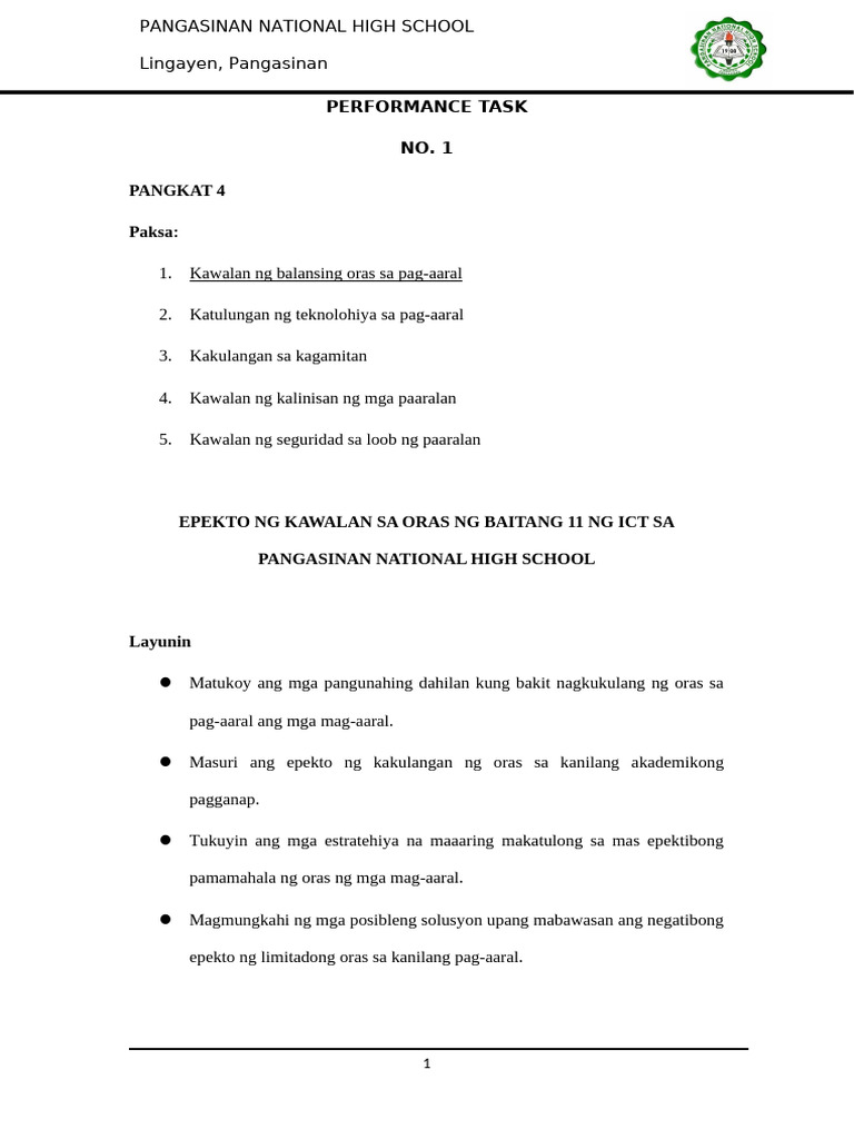Performance Task No 1 Sa PANANALIKSIK | PDF